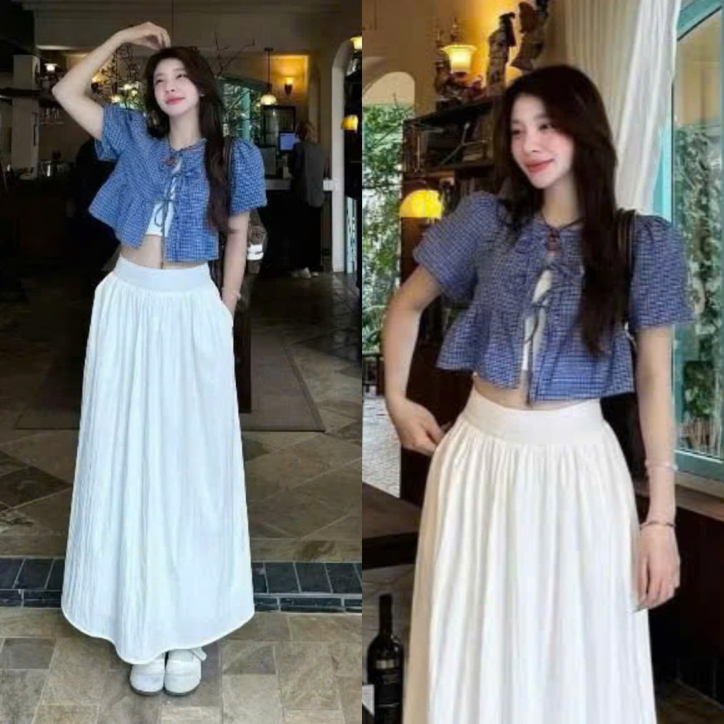 Set 3 Món: Áo Caro Xanh Babydoll Buộc Nơ Kèm Áo 2 Dây Mix Chân Váy ...
