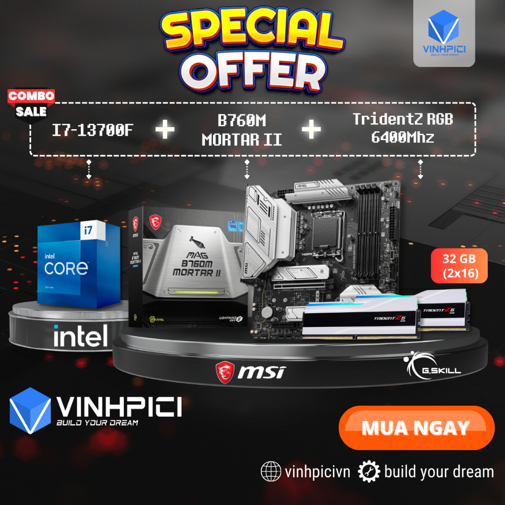 Bộ máy tính COMBO INTEL (I7 13700F + B760M MORTAR II + Trident Z5 RGB 6400MHz 32GB 16GBx2 ...