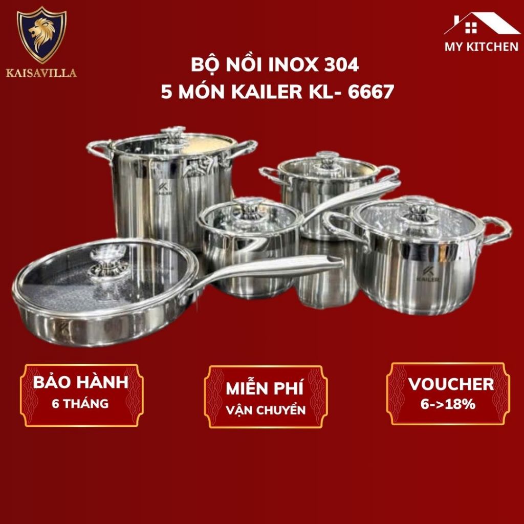Bộ nồi inox 304 5 món Kailer dùng được cho mọi loại bếp, bộ nồi đáy từ ...