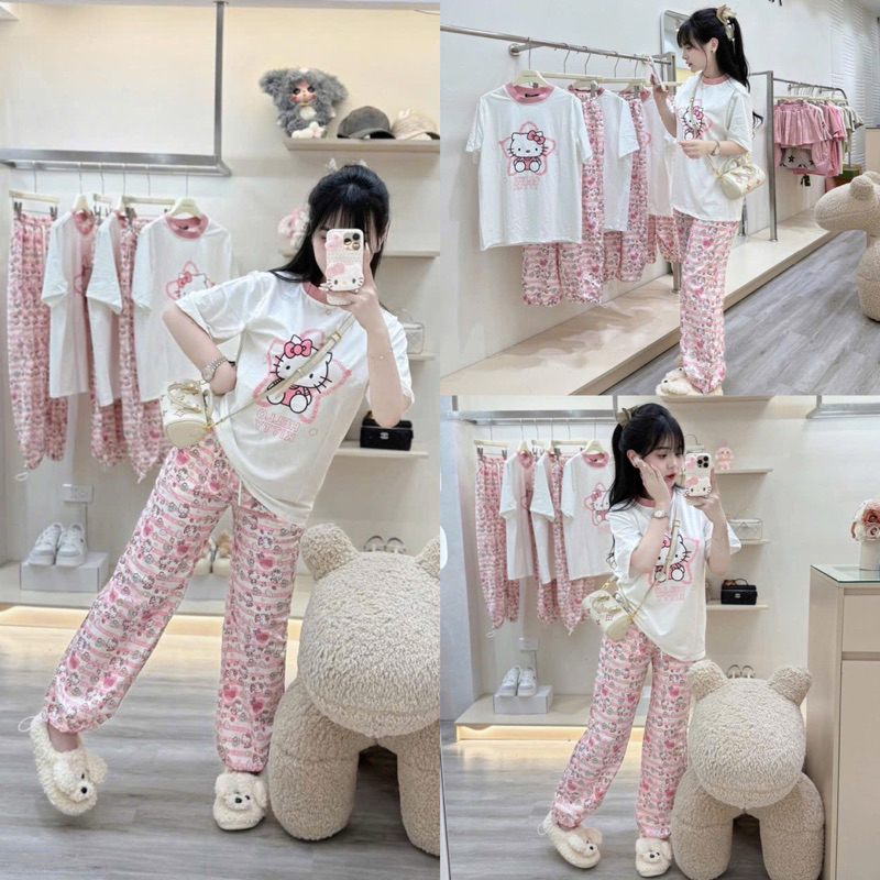 [S2.4022] Set Áo Phông Cotton Hello Kitty Mix Quần Suông Hoạ Tiết Có ...