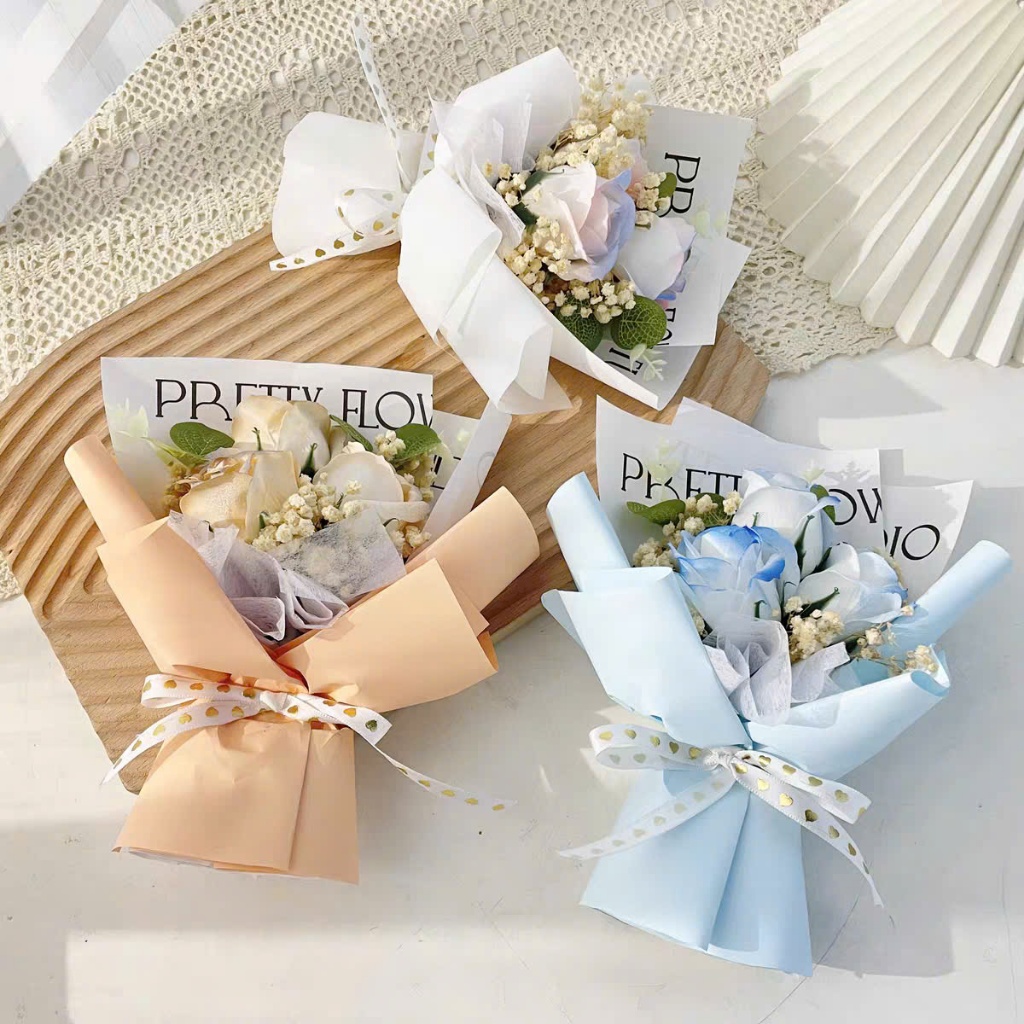 Bó 3 Bông Hồng Sáp Xịt Loang Đầu Bông Mix Baby + Lá cao 25cm ngang 20cm ...