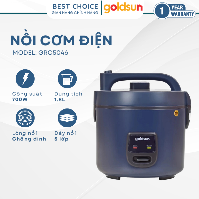 Nồi cơm điện cơ Goldsun GRC5046 lòng niêu 1.8L phủ chống dính chất liệu cao cấp bảo hành 12 ...