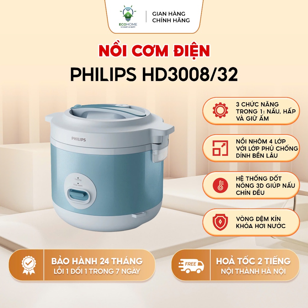 Nồi cơm điện nắp gài Philips HD3008/32 dung tích 1.8 lít - Hàng chính ...