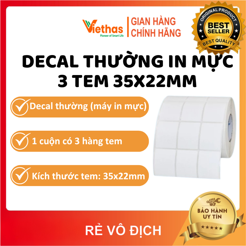 Giấy in mã vạch, Decal thường in mực 3 Tem Khổ Kích Thước 35x22 mm sử ...