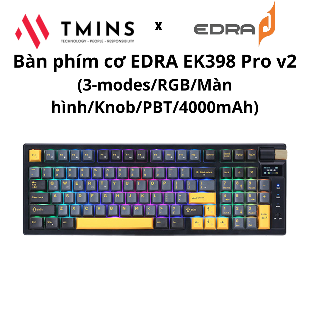 Bàn phím cơ EDRA EK398 Pro v2 (3-modes/RGB/Màn hình + Núm xoay/Keycap ...
