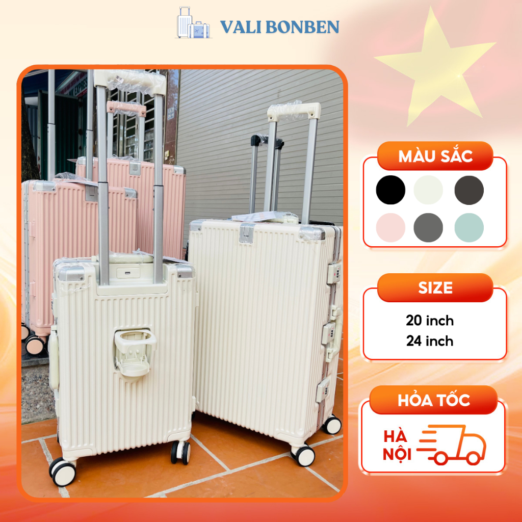 Vali Khung Nhôm Size 20/24 Khóa Sập Cao Cấp Có Sạc, Chỗ Để Ly Nước, Móc ...