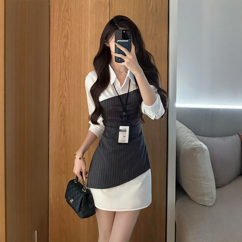 Đầm nữ kiểu sơ mi phối yếm Cindy by Oni, xám sọc, dài tay dáng ngắn ...