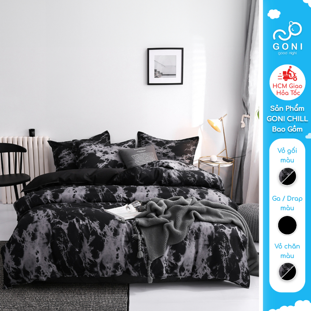 Bộ vỏ chăn mền ga gối GONI CHILL màu Đen Cẩm Thạch - Ga drap giường bo chun cao 4-25cm kích ...