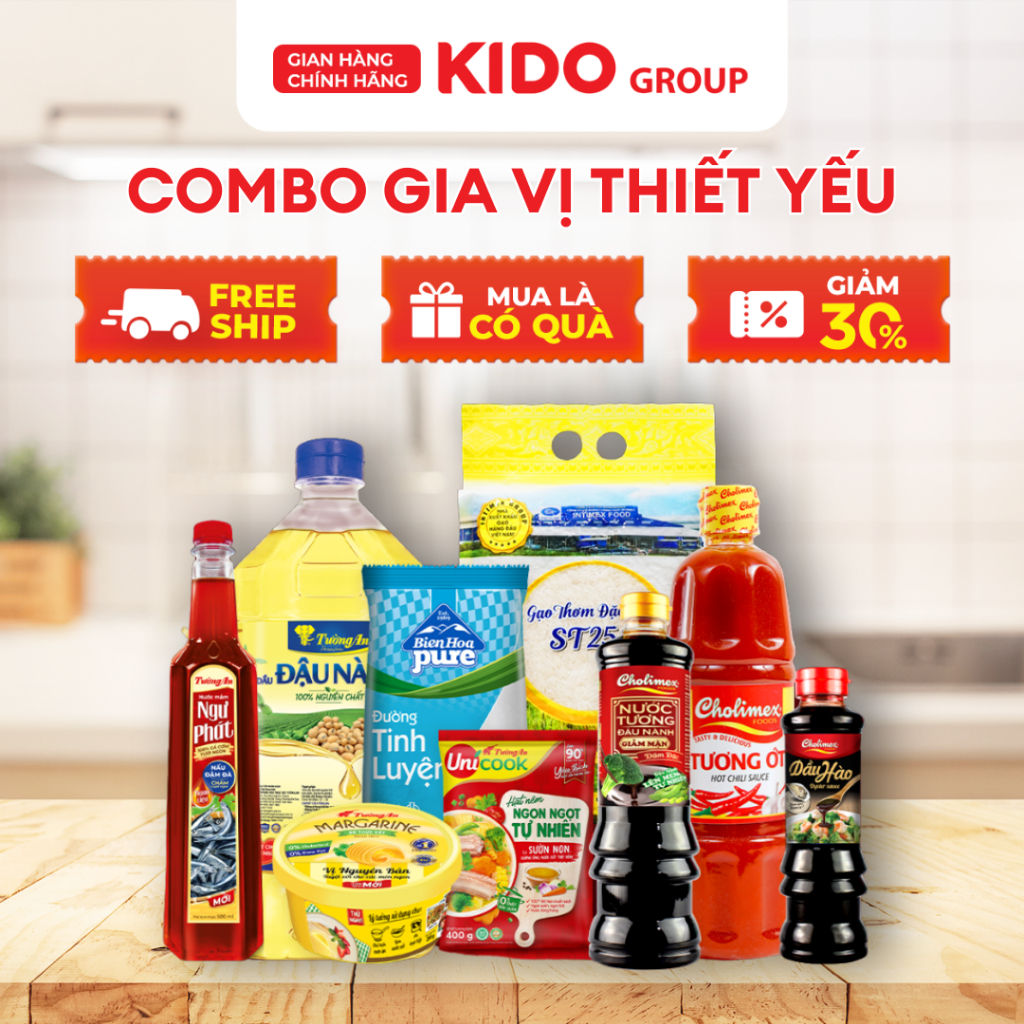 COMBO GIA VỊ THIẾT YẾU: Dầu nành 2L, Gạo ST25 2kg, Hạt nêm Unicook 400g, Đường BH 1kg, Bơ 200g ...