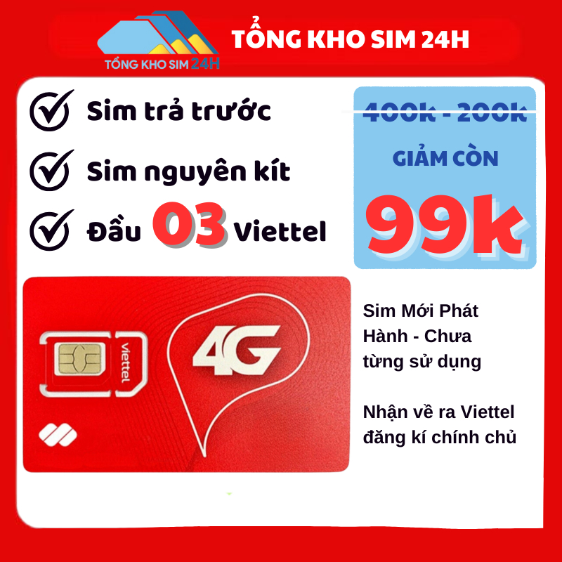 Sim Viettel Số đẹp TRẢ TRƯỚC 03 - 08 Đồng giá 99k Dễ nhớ [Đký chính chủ ...