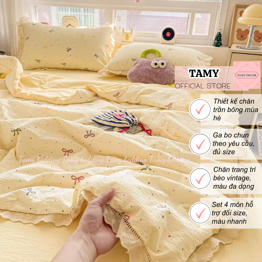 Set ga gối chăn hè trần bông đũi bạc hà ren bèo Tamy Bedding chất liệu ...