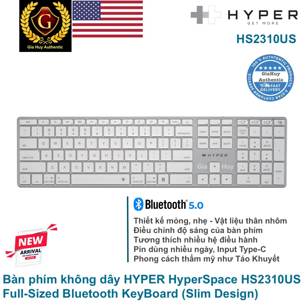 Bàn phím không dây HYPER HyperSpace HS2310US Full-Sized Bluetooth ...