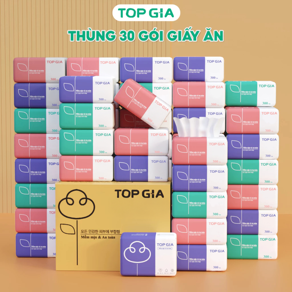 Thùng 30 gói giấy ăn TopGia gấu trúc rút 3 màu cao cấp 4 lớp dày dặn ...