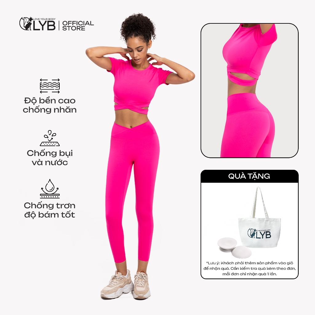 Bộ tập gym yoga LYB áo croptop ôm sát tay ngắn và quần legging dài chéo, màu hồng nữ tính ...