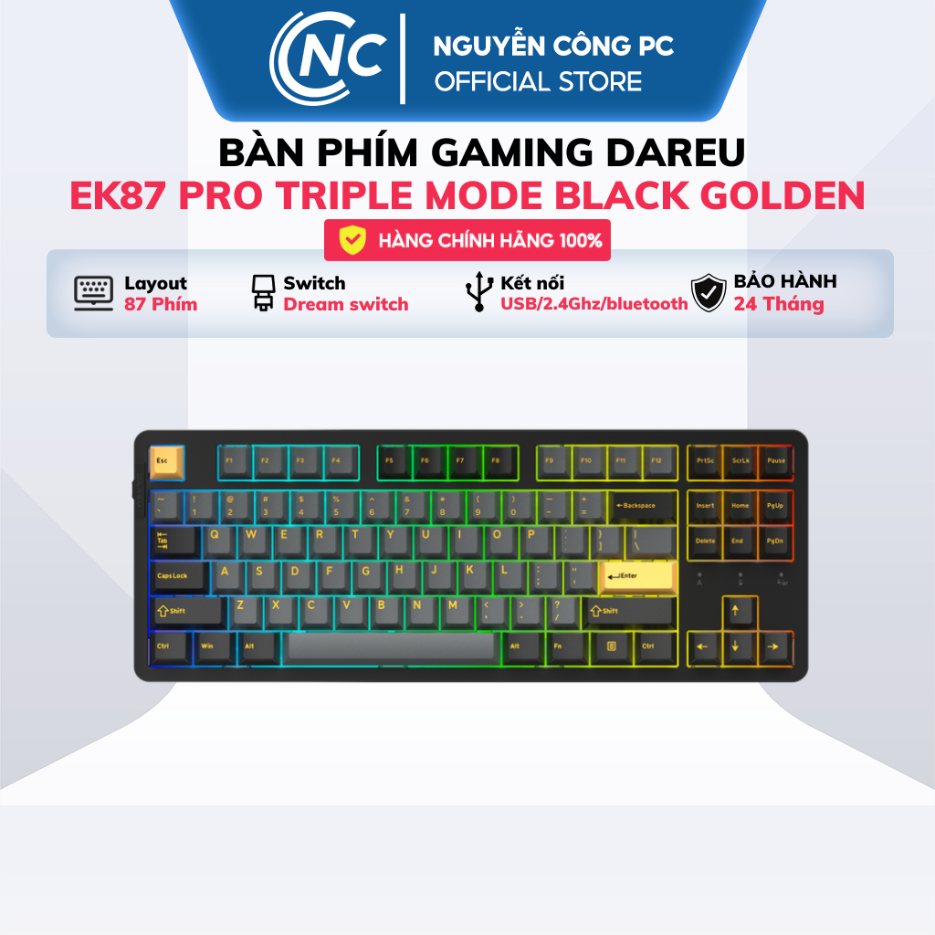 Bàn phím gaming Dareu EK87 Pro Triple Mode Black Golden (Dream Switch) - NEW - BH 24 Tháng ...