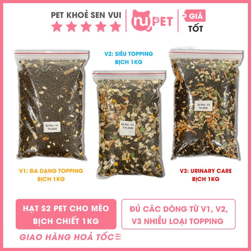 [Bịch 1kg] Hạt cho mèo S2 Pet V1, V2, V3 đa dạng nhiều loại topping cho ...