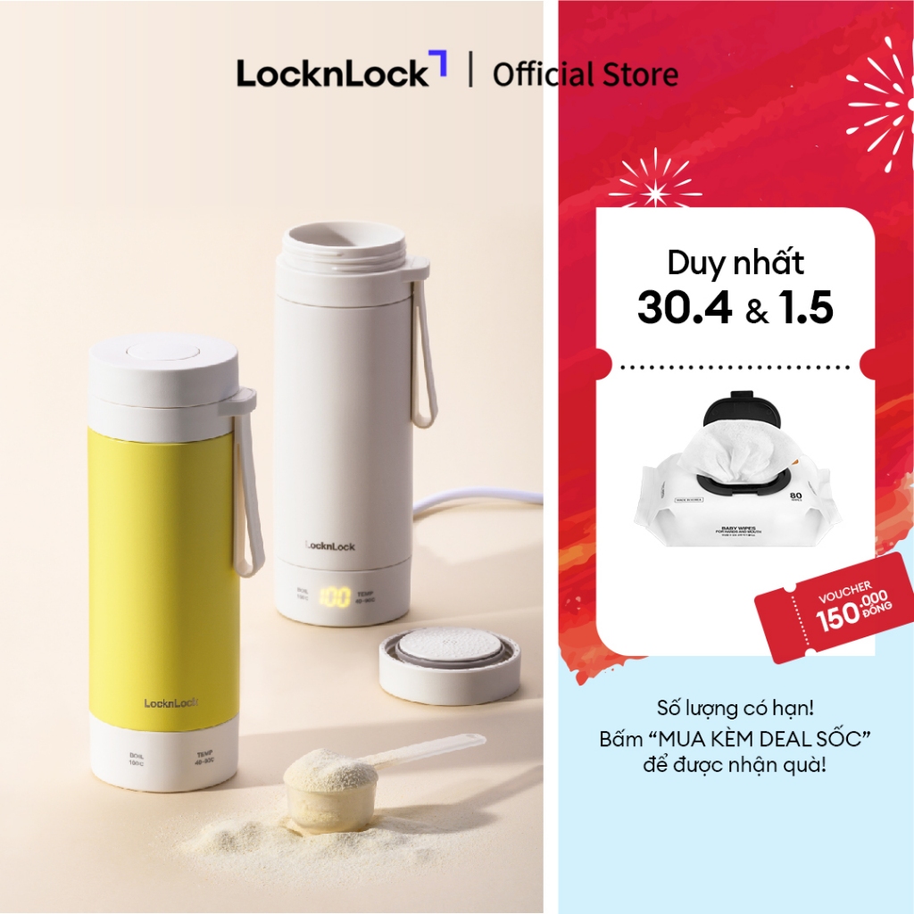 Bình đun giữ nhiệt 2 trong 1 LocknLock Heating tumbler 300ml màu vàng, ngà bằng thép không gỉ ...