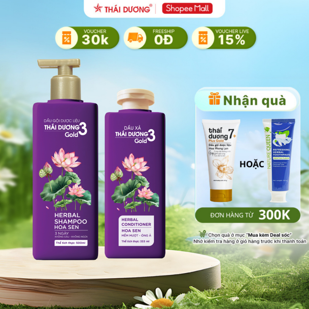 Dầu gội / Dầu xả dược liệu Thái Dương 3 Gold Hoa Sen chai 500ml, 333ml ...