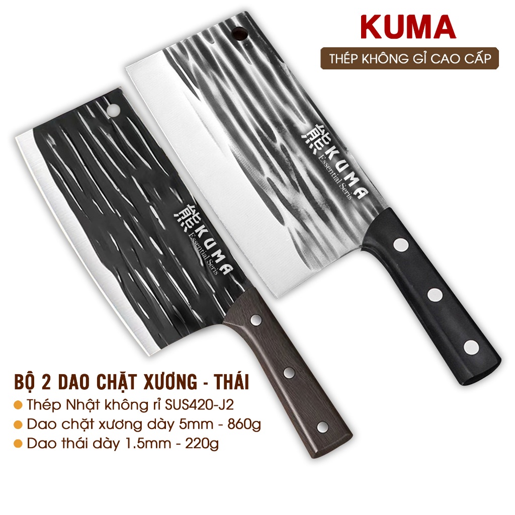 Bộ 2 Dao Chặt (Xương Trâu, Bò, Lợn, Gà, 860g) và Thái KUMA Thép không gỉ - Hàng cao cấp Chính ...