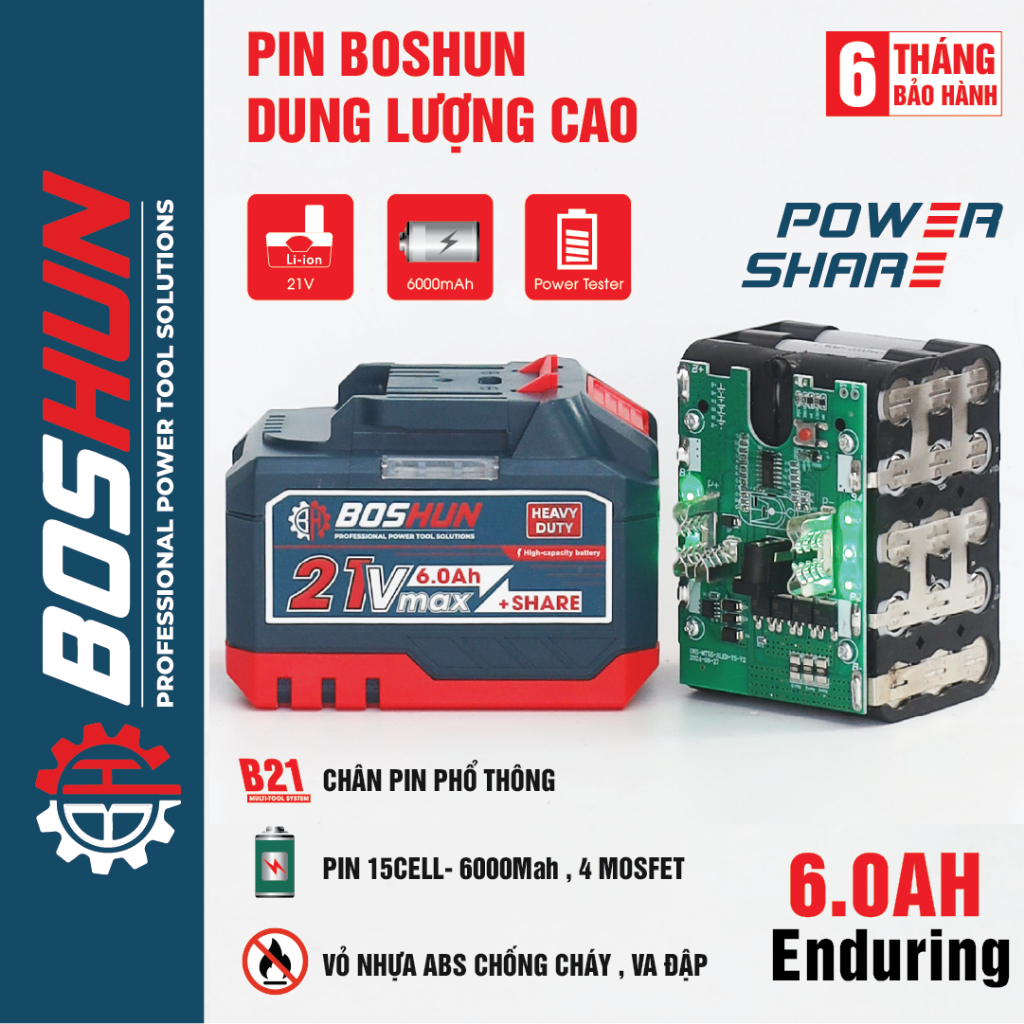 Pin Boshun 15 Cell dung lượng 6AH, Mạch 4 mosfet dòng xả cao, Chân pin ...