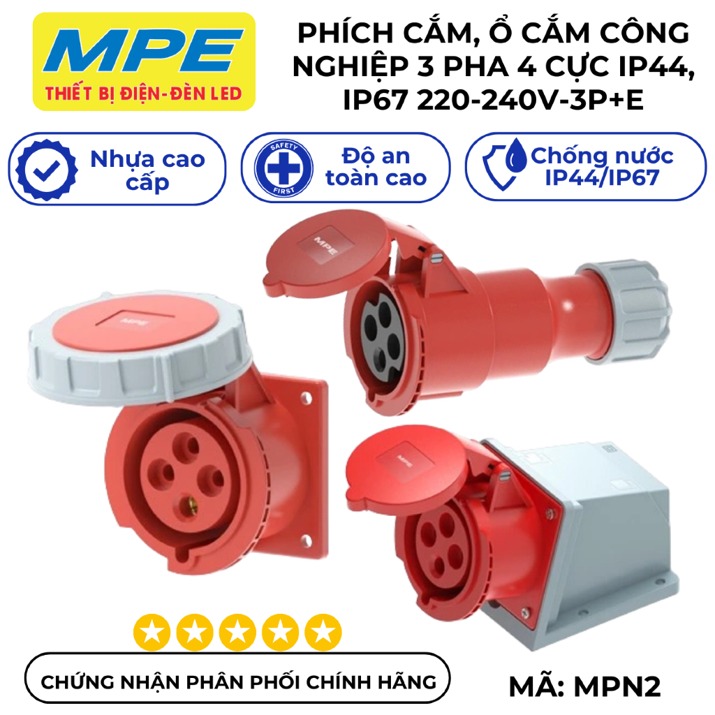 Phích cắm, ổ cắm công nghiệp 3 pha 4 cực IP44, IP67 MPE 220-240V-3P+E ...