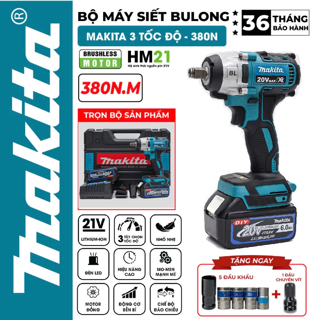 Máy bắn bulong Makita 20V, Lực siết 380Nm - Đầu rỗng 2trong 1 - Không chổi than - Kèm bộ phụ ...