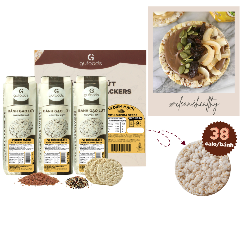 Bánh gạo lứt ăn kiêng diêm mạch GUfoods (170g/300g/510g) -Không chiên dầu, Phù hợp Eat clean, Ăn ...