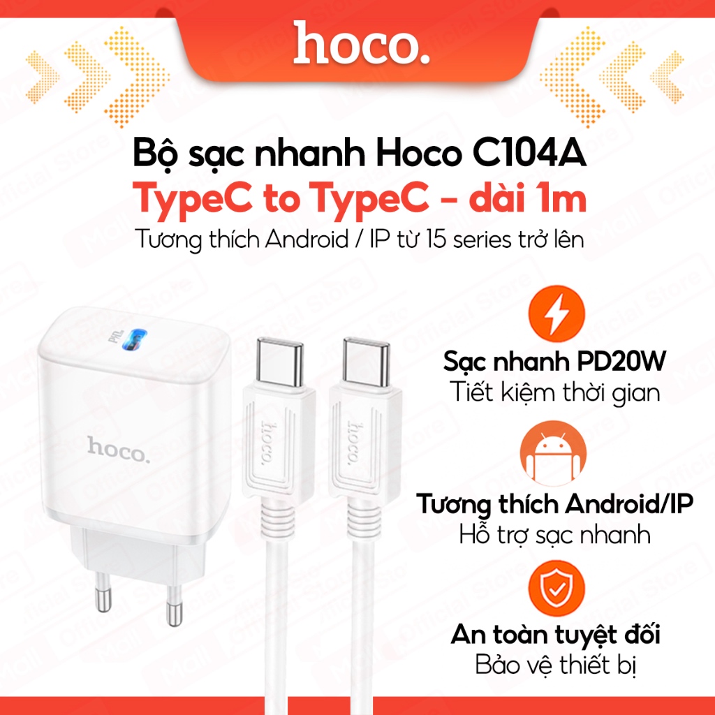 Bộ sạc nhanh Hoco C104A PD20W Type-C to Type-C 1 cổng Type-C dùng cho Samsung/Android dài 100cm ...