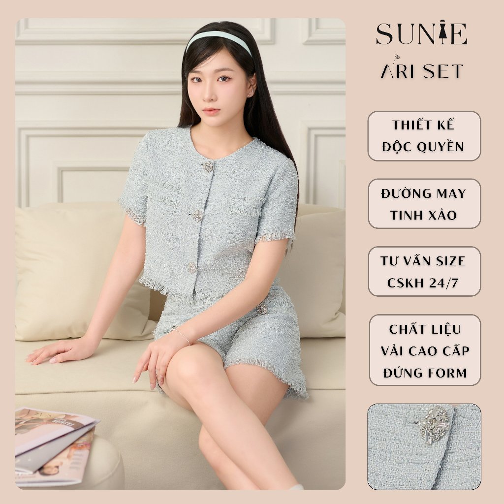 SUNIE® | ARI - Set dạ Tweed gồm áo khoác tay ngắn và quần short cạp cao ...