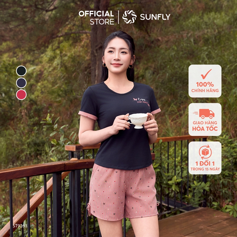 Đồ bộ mặc nhà nữ áo cotton compact SUNFLY cộc tay quần sooc kate ST9263 ...