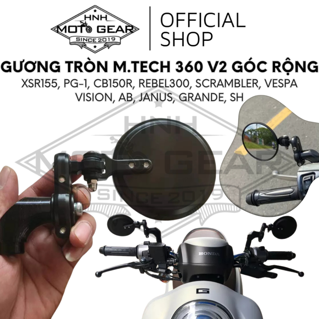Gương Gù Tròn M Tech V2 360 Cho XSR155, PG-1, Vespa, SH, Vespa Sprint, Vision Kính Trắng Góc ...