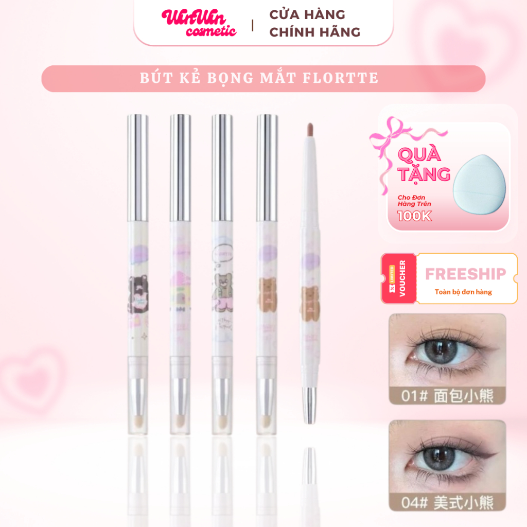 [HOẢ TỐC] Bút Kẻ Bọng Mắt FLORTTE 2 Đầu Kèm Cọ Gấu Béo Bread Bear Coquette My Dream Come True ...