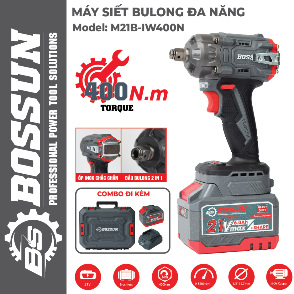 Máy siết bulong pin BOSSUN M21B-IW400N, 400Nm, Không chổi than, Đầu bulong 2 IN 1, Có ốp inox ...
