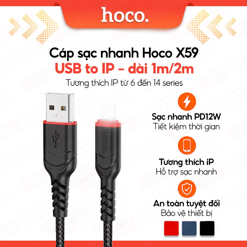 Cáp sạc nhanh Hoco X59 PD12W USB to IP dùng cho ip6/7/8/X/11/12/13/14 , hỗ trợ truyền dữ liệu ...
