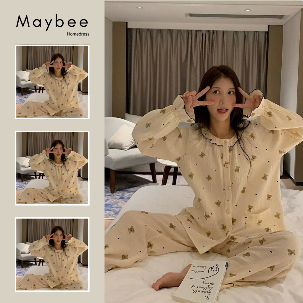 Bộ đồ ngủ dài tay gấu viền đen zicac Maybee Homedress | Shopee Việt Nam