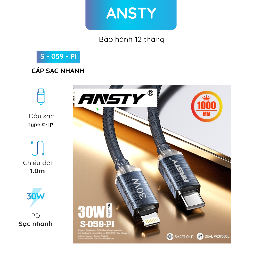 Cáp Sạc Nhanh Ansty S - 059 - PI 30w / S - 059 - PT 100w / S - 059 - I 30w / S - 059 - T 100w ...