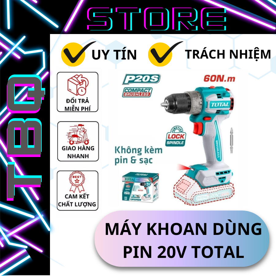 Máy khoan pin 20V TOTAL TDLI206021 | Tốc độ 2000rpm | Mô-men xoắn 60Nm" motor không chổi than ...