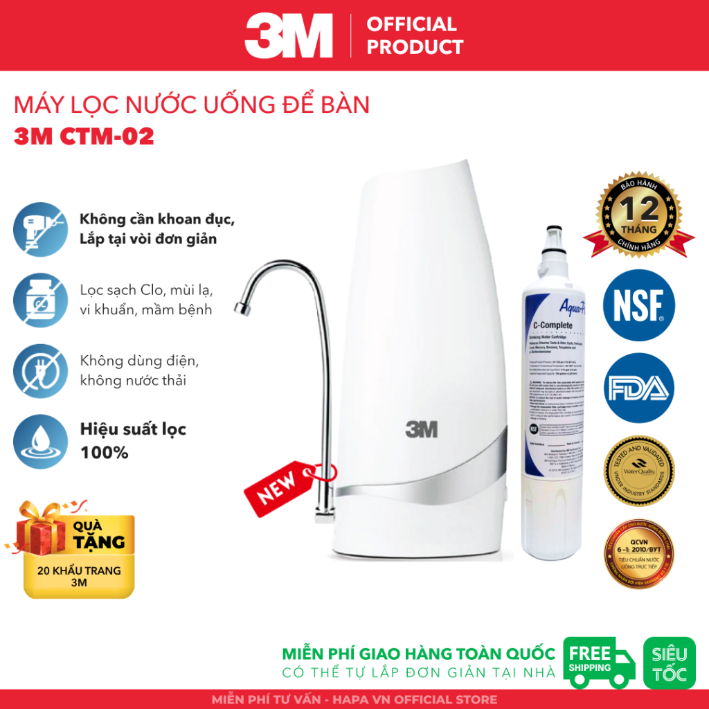 Máy Lọc Nước Tại Vòi 3M CTM-02 Chính Hãng 3M, Không Cần Khoan Đục, Tự ...