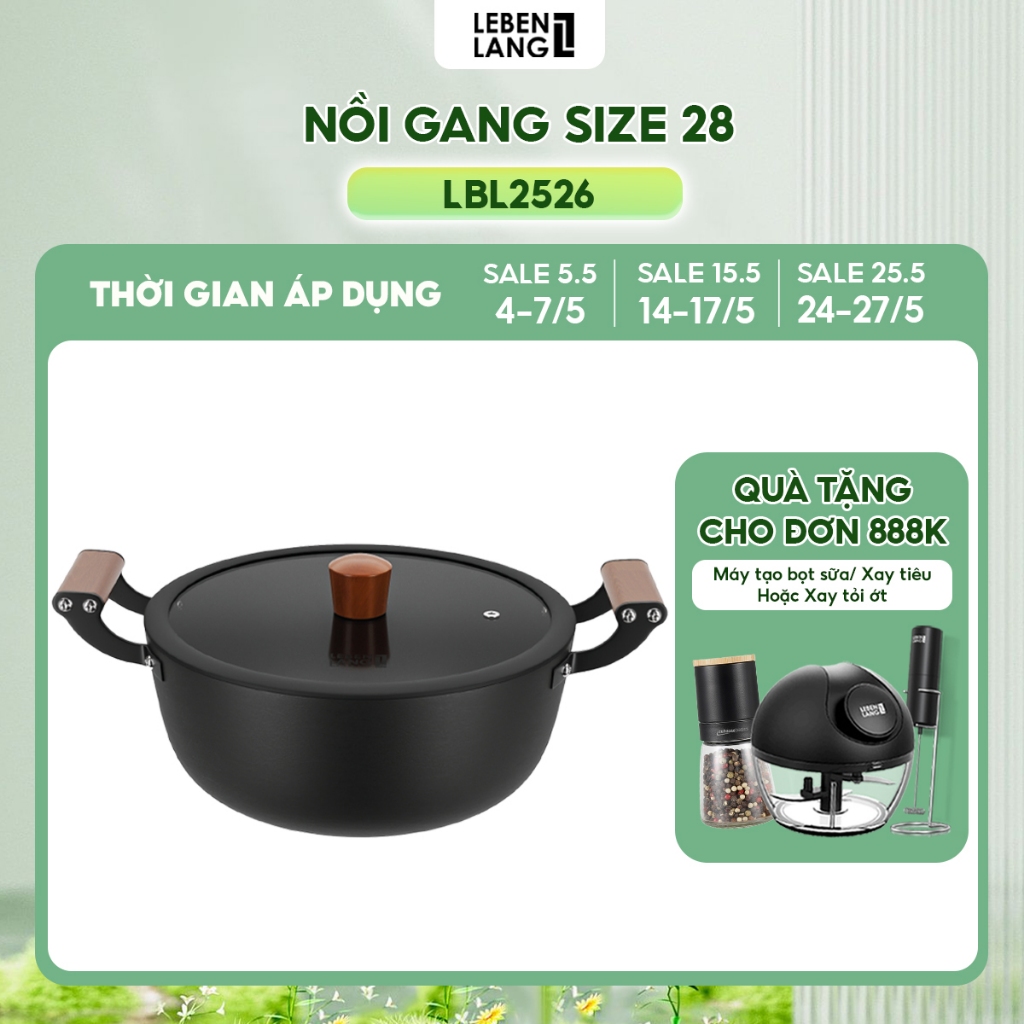 Nồi gang Lebenlang LBL2526, Đường kính 28, dung tích 5.6l, Tay cầm gỗ ...