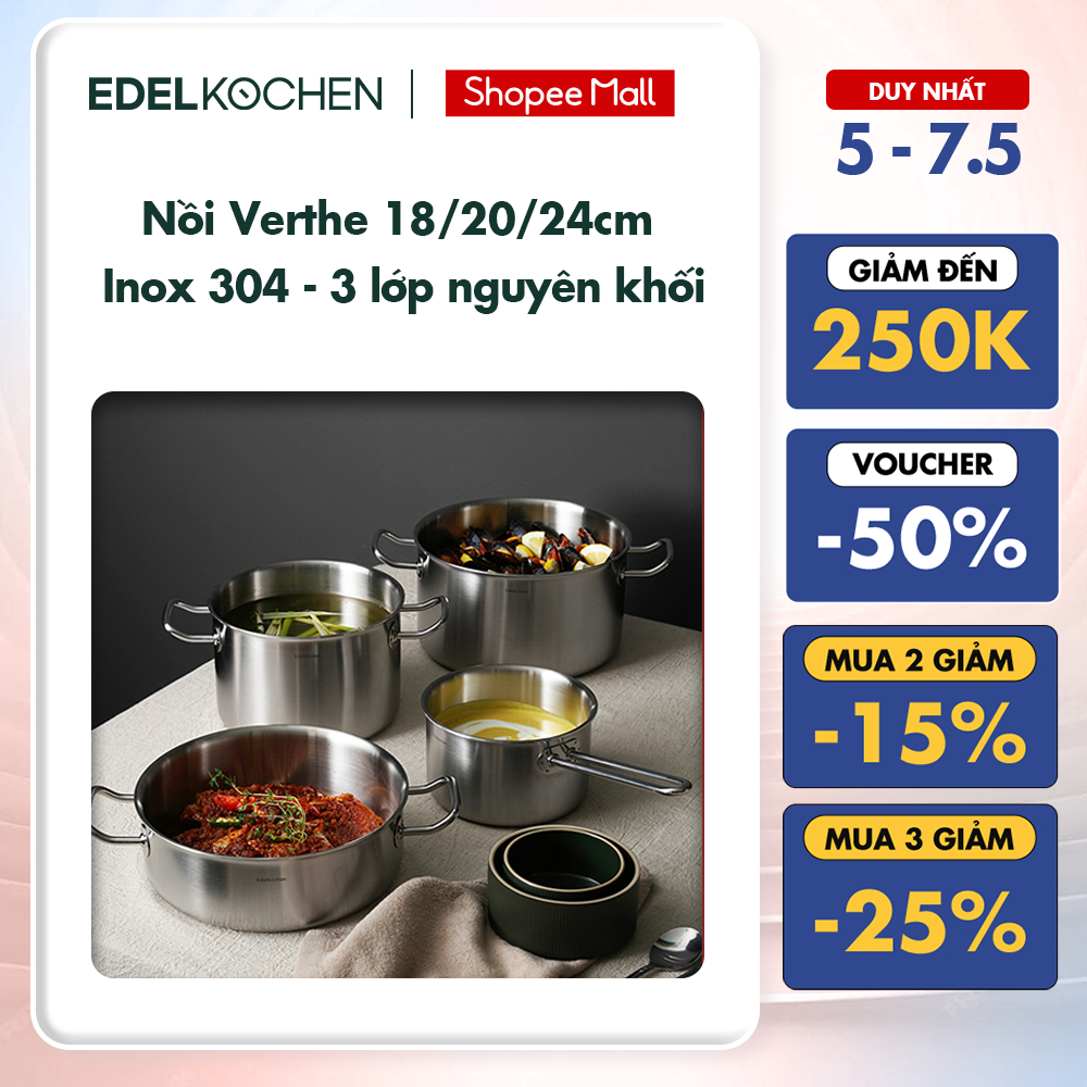 Nồi inox 3 lớp nguyên khối cao cấp Edelkochen Verthe Collection 18/20/24cm | Shopee Việt Nam