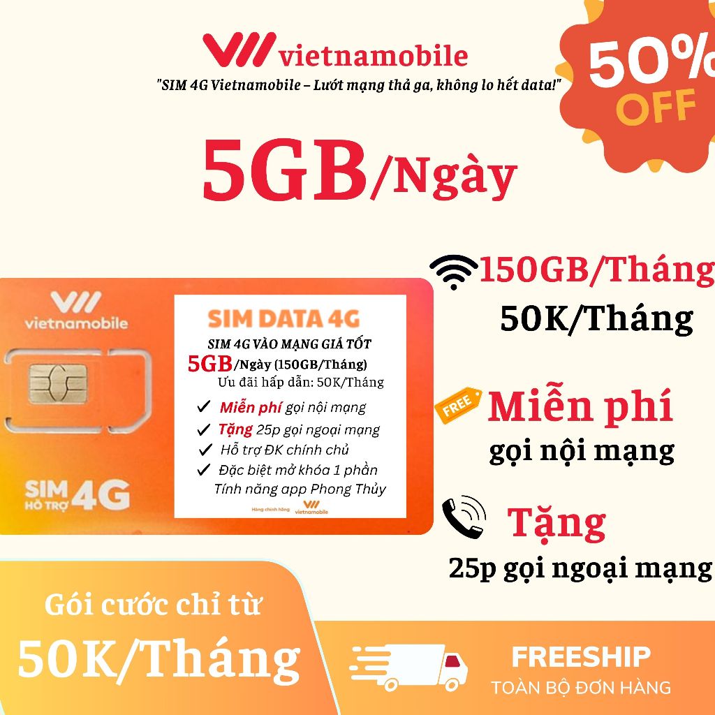 SIM4G VIETNAMOBILE 5GB/NGÀY(150GB/THÁNG)(KHÔNG FREE THÁNG ĐẦU, HỖ TRỢ ...