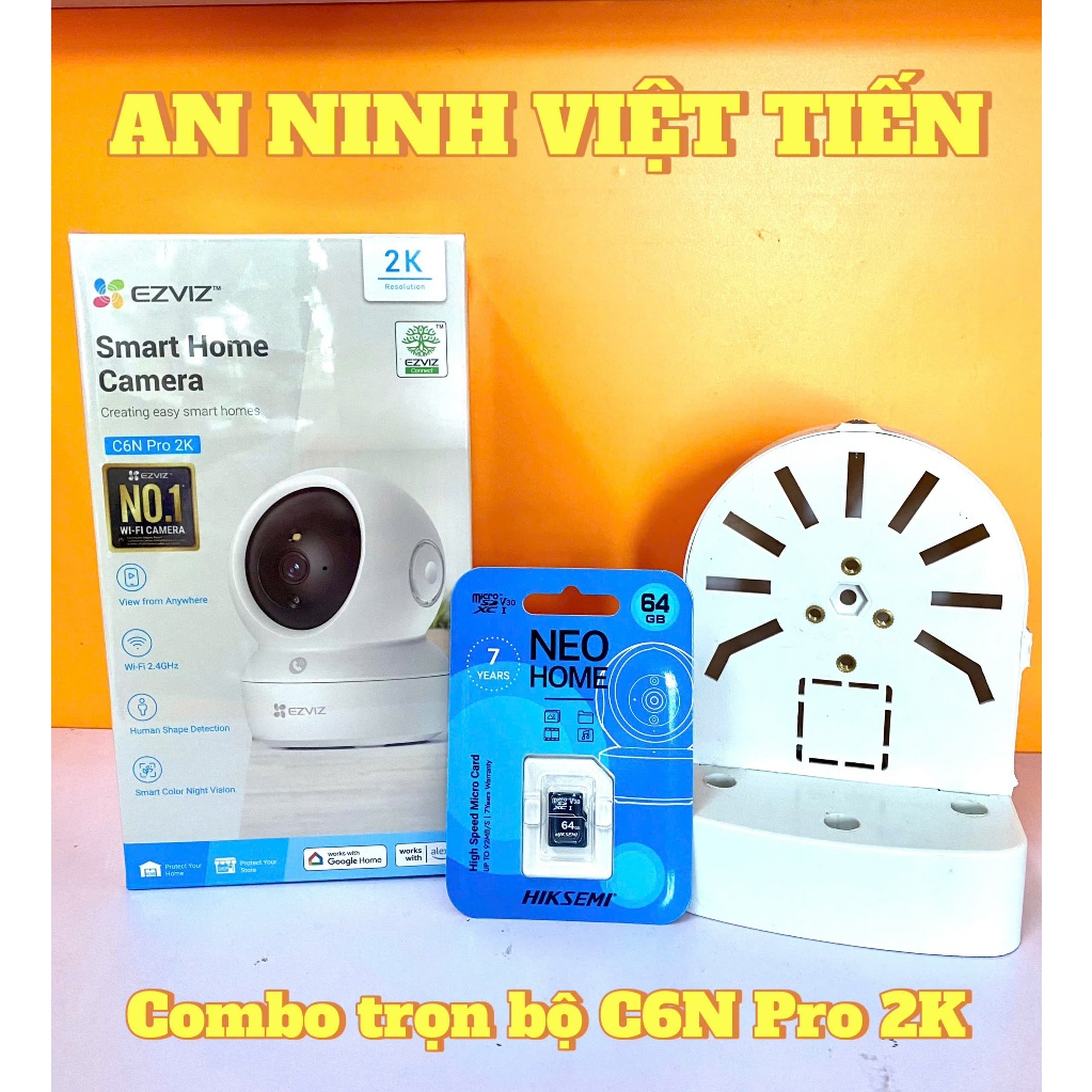 COMBO Camera Ezviz C6N pro Color 2K tặng kèm thẻ nhớ 64gb và chân đế L ( có nút gọi về app ...