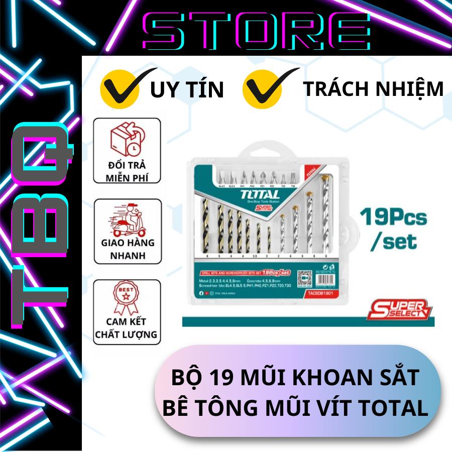 Bộ 19 mũi khoan kim loại, bê tông và mũi bắt vít TOTAL TACSDB1901 ...