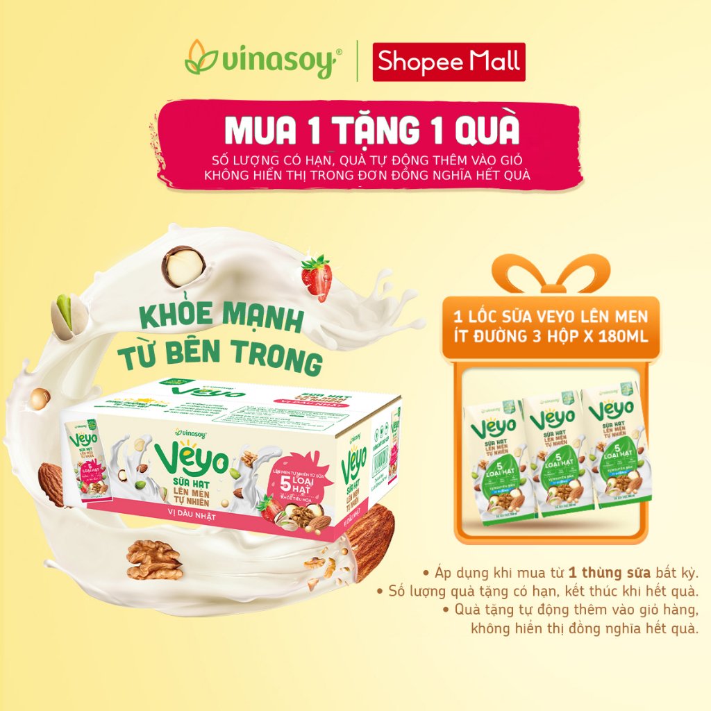 Thùng Veyo Sữa hạt lên men tự nhiên Vị Dâu Nhật (30hộp x 180ml) | Shopee Việt Nam