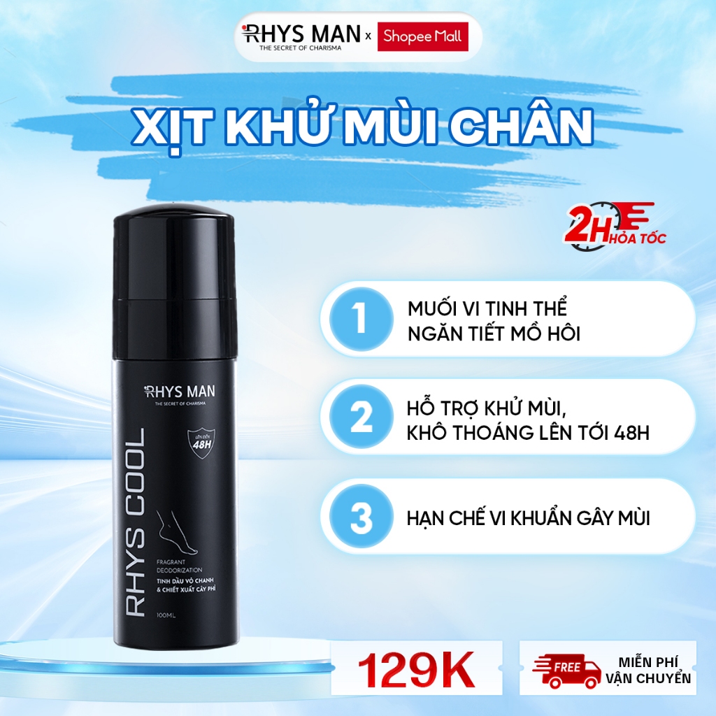 Xịt khử mùi chân 48h RHYS MAN tinh dầu vỏ chanh kiểm soát mùi và ngăn ...