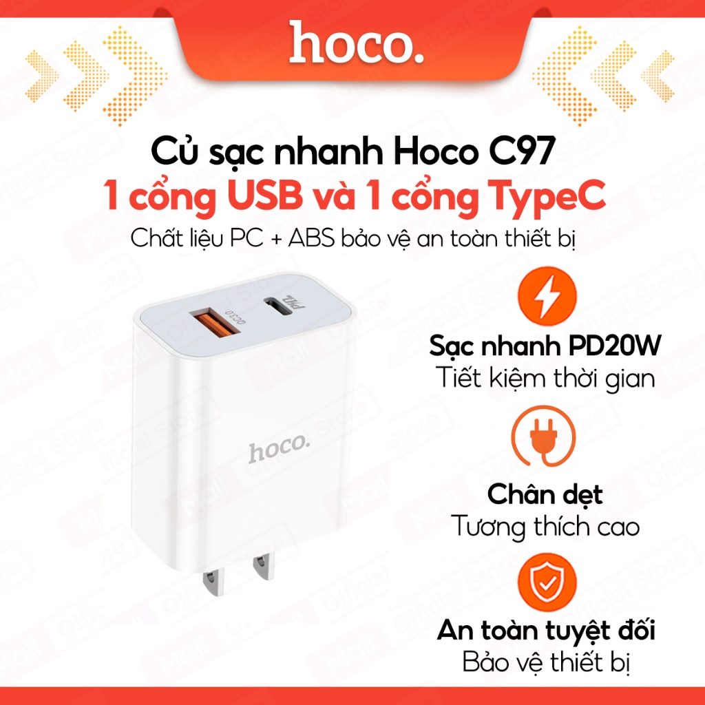 Củ sạc nhanh PD20W Hoco C97 2 cổng USB và Type-C ,chân cắm dẹt chất liệu chống cháy cao cấp ...