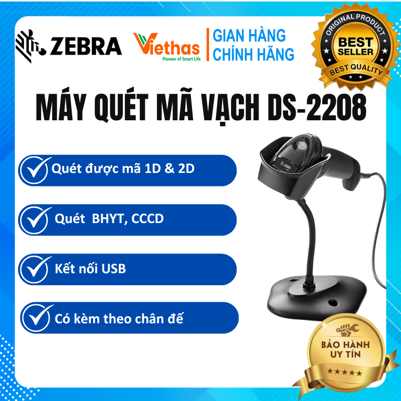 Máy Quét Mã Vạch 1D 2D Cầm Tay Đa Tia Zebra DS2208 - Chuyên Quét Căn ...