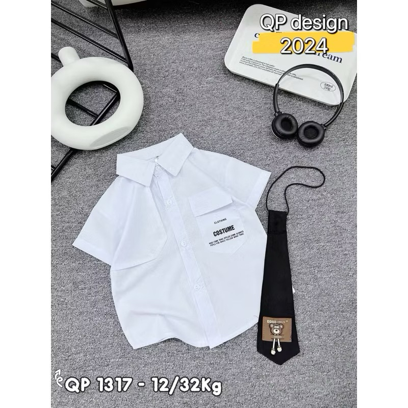 (xả) Áo sơ mi trắng cộc tay tặng kèm cavat gấu , vải thoi mềm mát(8-27kg) | Shopee Việt Nam