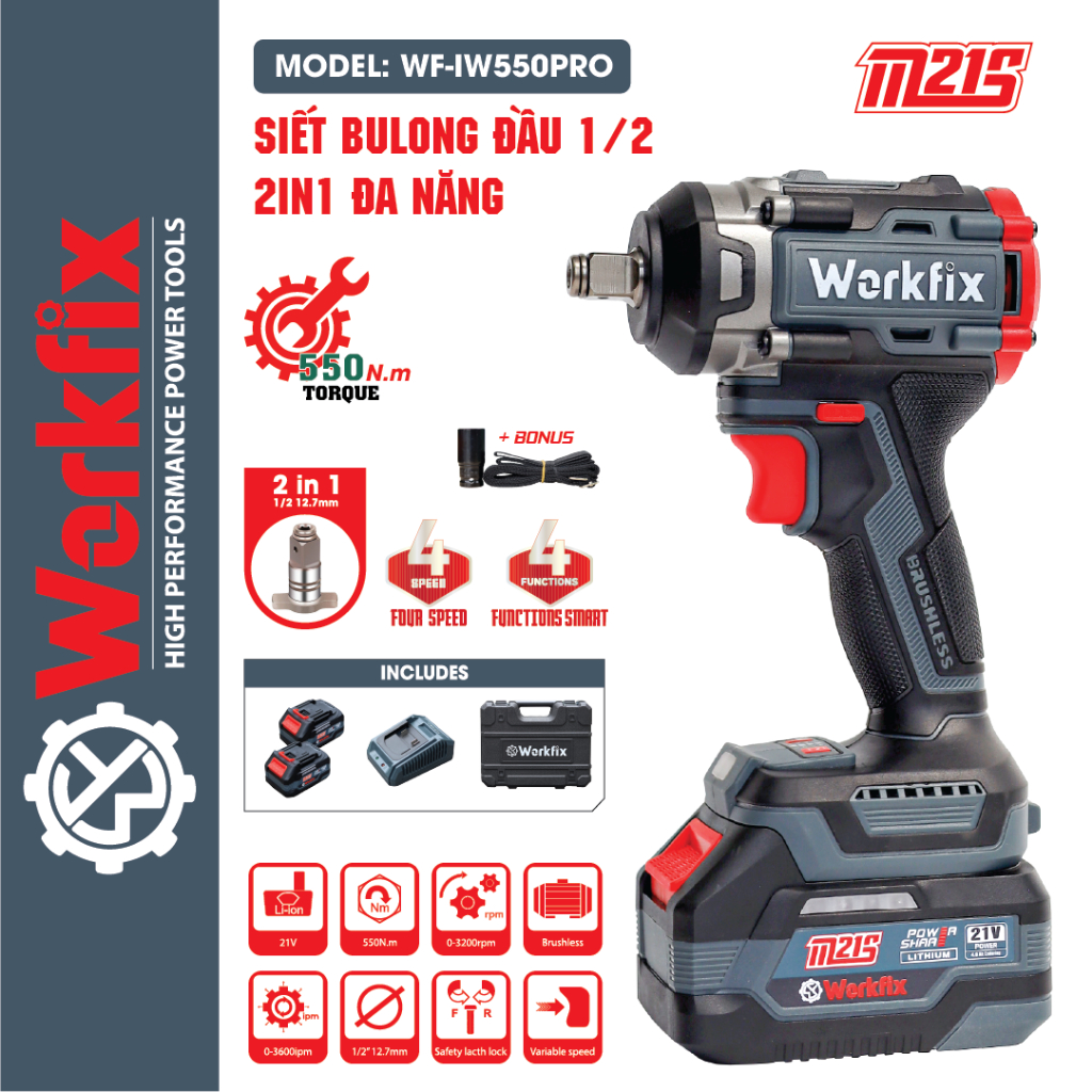 Máy siết bulong WORKFIX WF-IW550PRO, Lực siết 550Nm - Đầu 2 Trong 1 - 4 Tốc độ - 4 Chức năng ...