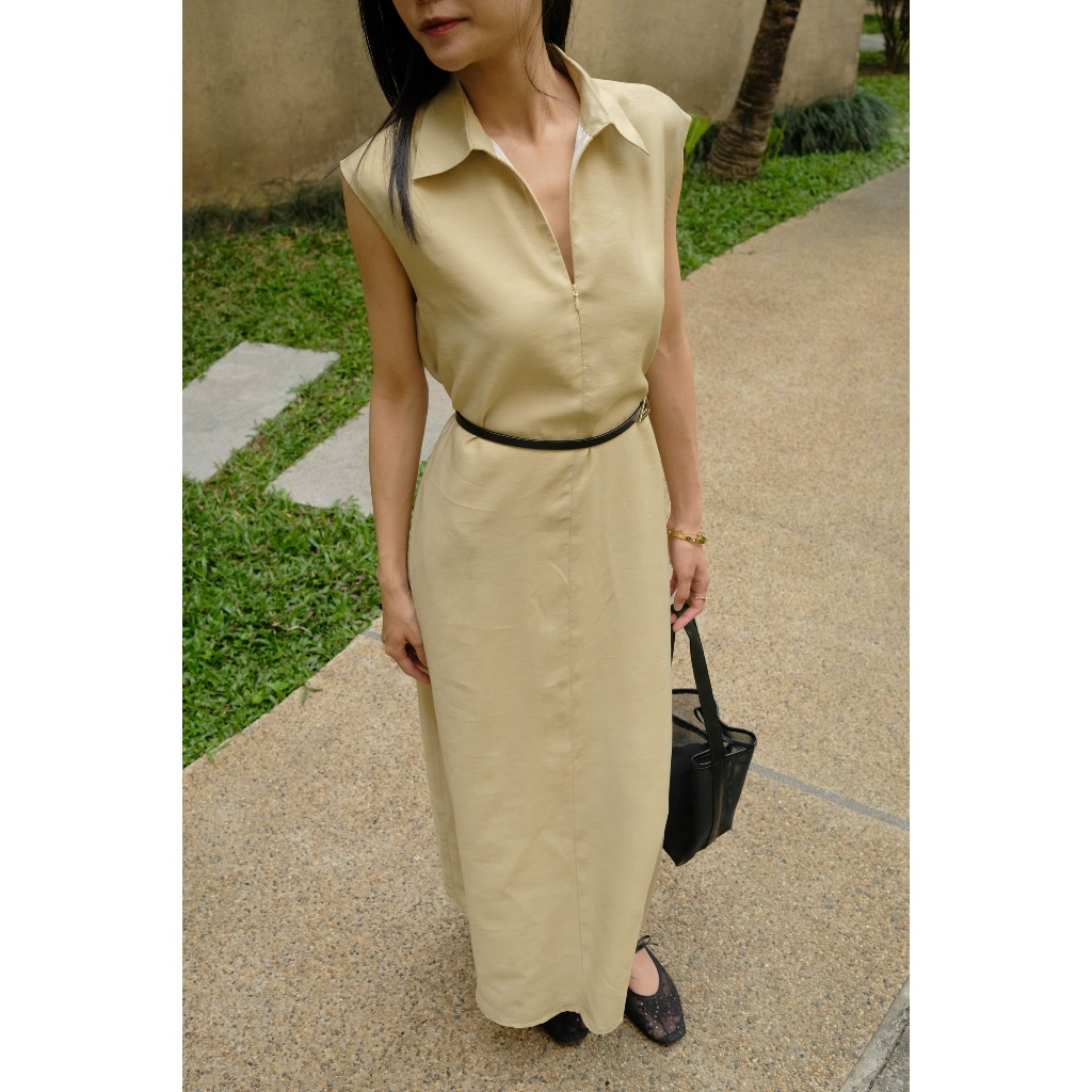 Đầm suông kèm đai CARRIE DRESS tay hến, cổ zip, vải thô tằm mềm mại ...